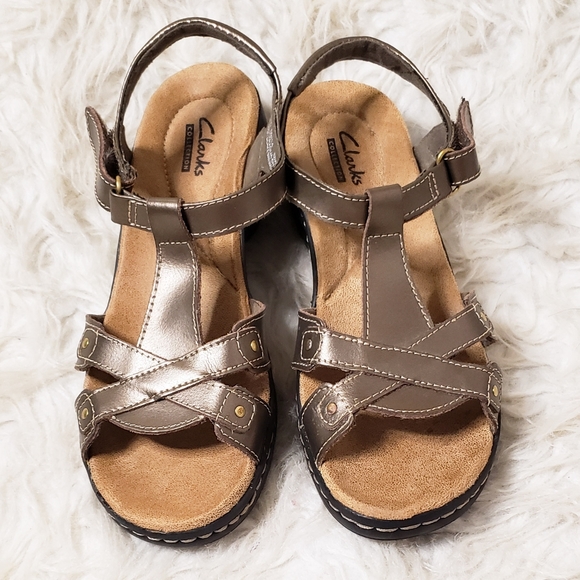 Clarks | Shoes | Clarks Collection Sandals Leather Metallic Brown ...